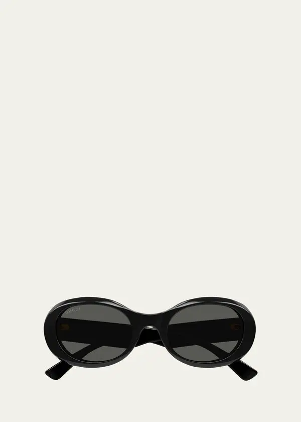 Gucci Logo Acetate Oval Sunglasses - Shiny Glossy Blac | Editorialist